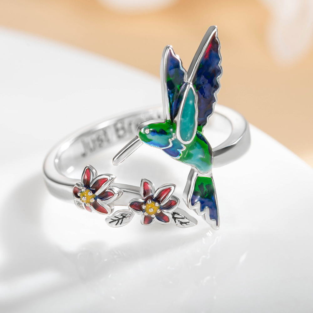 Personalized Adjustable Hummingbird Ring with Red Flower and Engraved ...