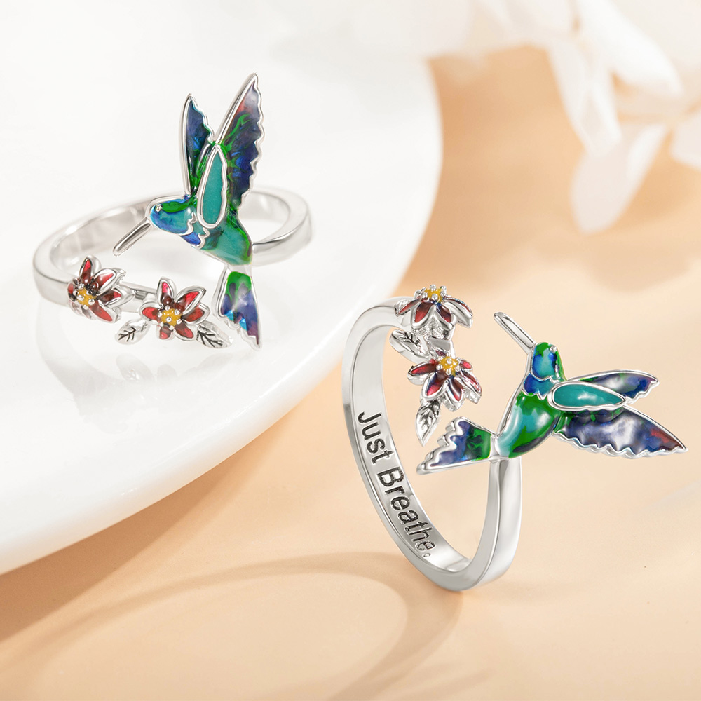 Personalized Adjustable Hummingbird Ring with Red Flower and Engraved ...
