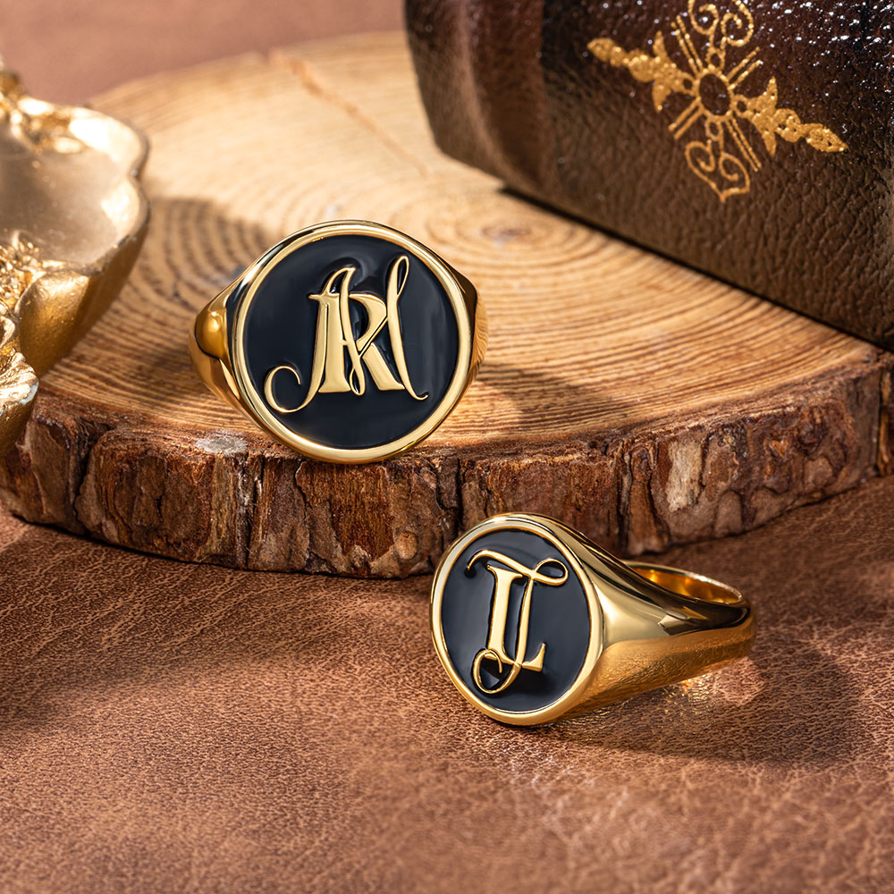 Personalized Initials Stacked Signet Ring with Engraved Text Engagement ...