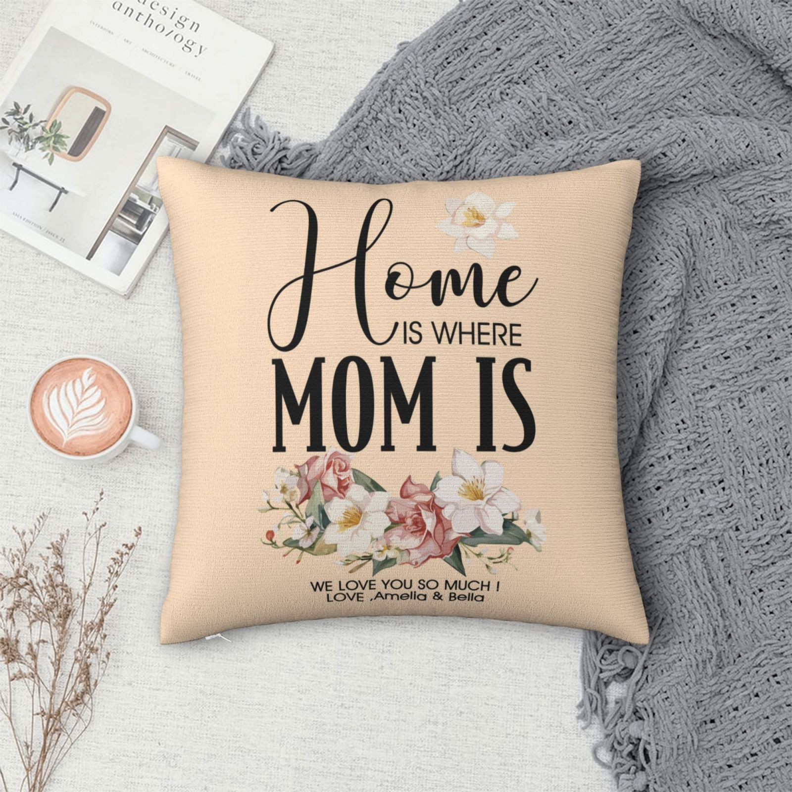 Personalized Home Is Where Mom Is Birth Flower Throw Pillow Cover with ...