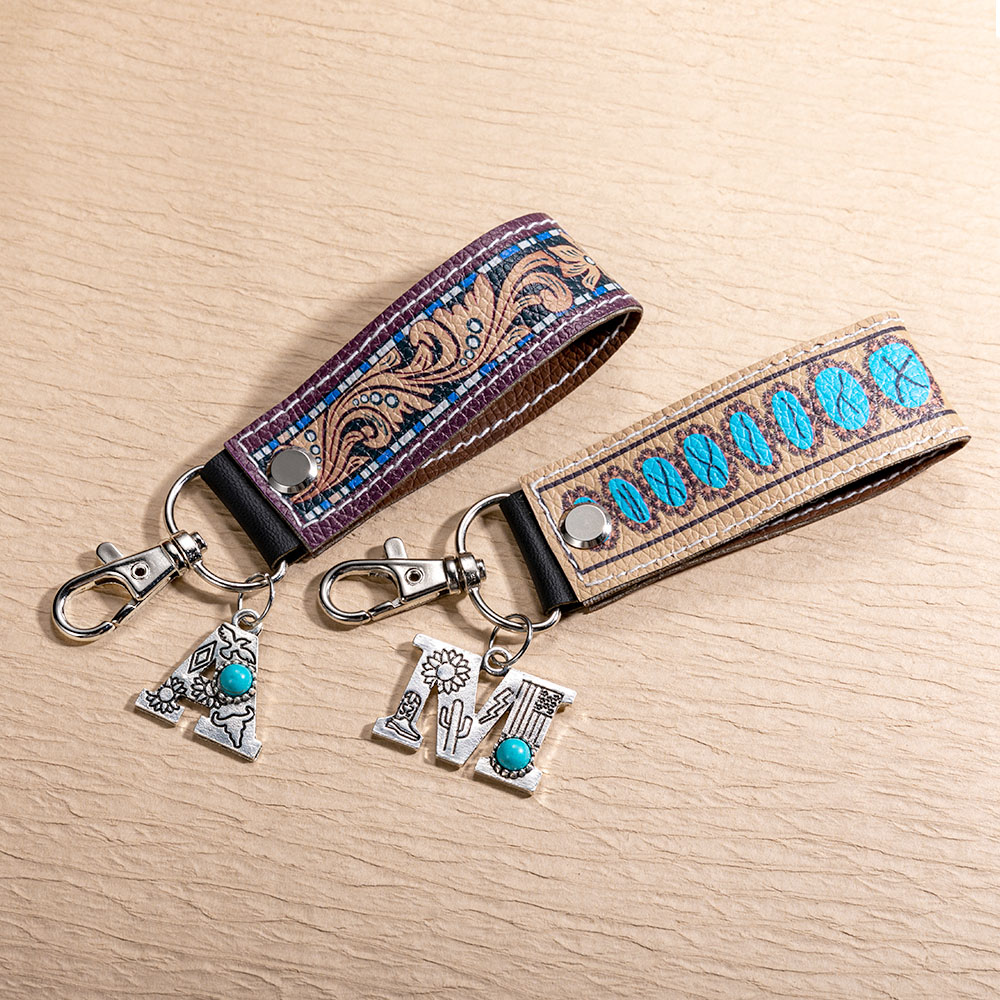 Personalized Western Tooled Leather Keychain with Turquoise Initial ...