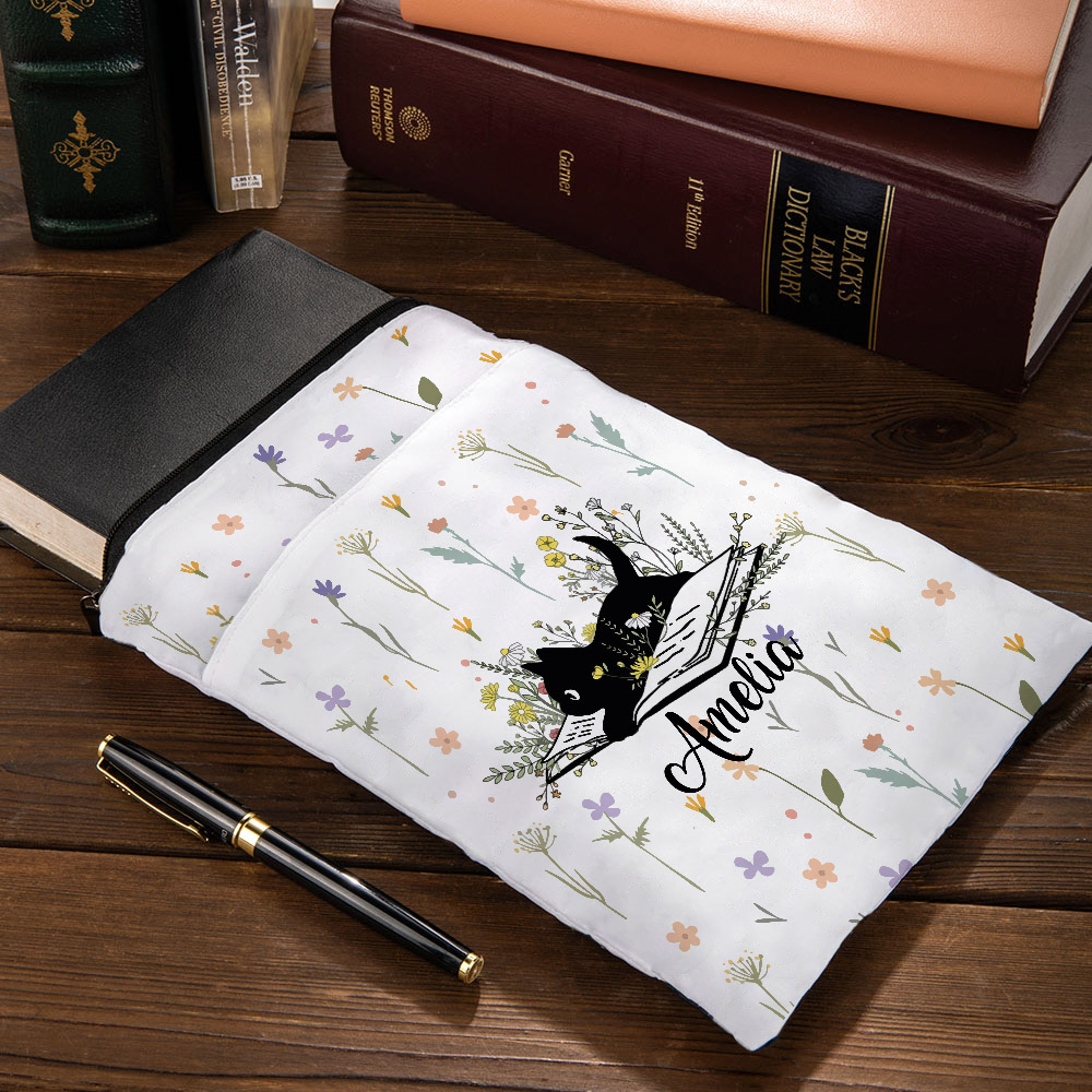Personalized Floral Black Cat Waterproof Book Sleeve Protector with ...