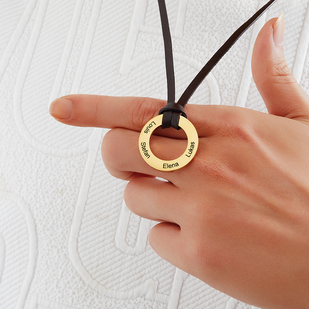 Personalized Circle Pendant Leather Cord Family Necklace with 1-4 ...