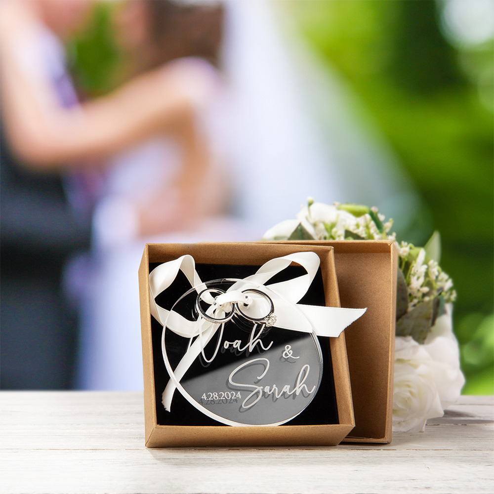 Personalized Clear Acrylic Wedding Ring Holder Plate with Ribbon and ...