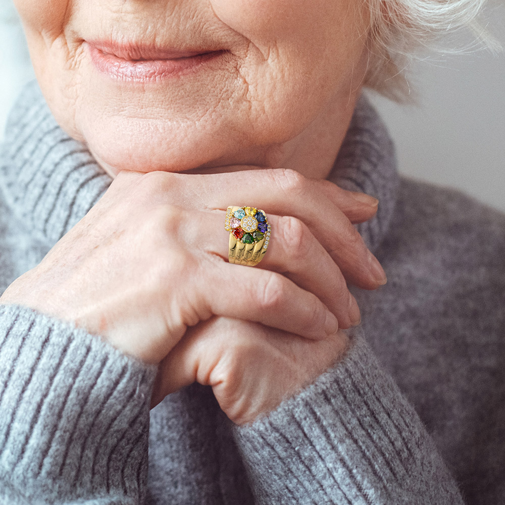 Callie Mother's Ring With Children Names and Heart Birthstones - CALLIE