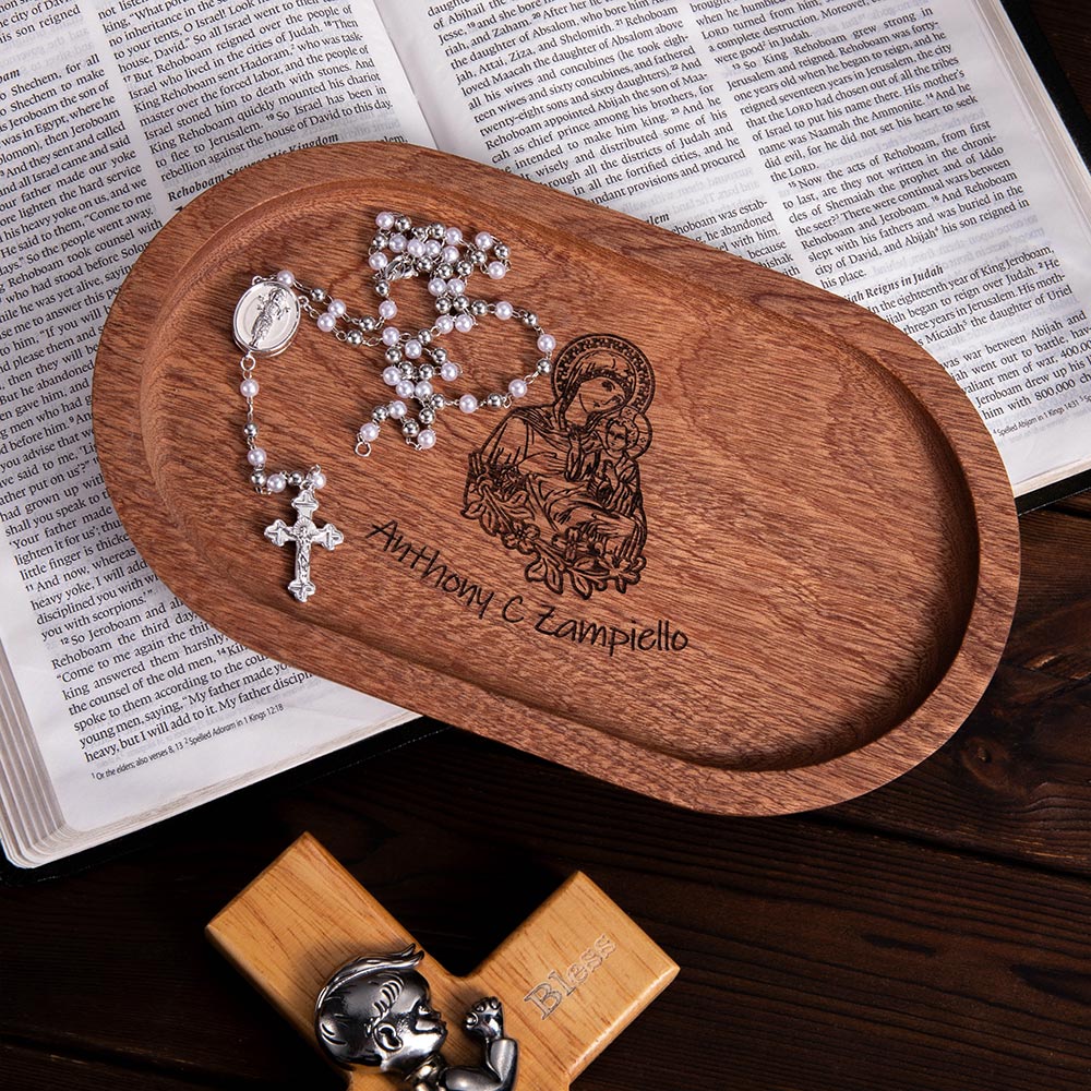 Personalized Wooden Rosary Tray with Engraved Text Sacrament First ...