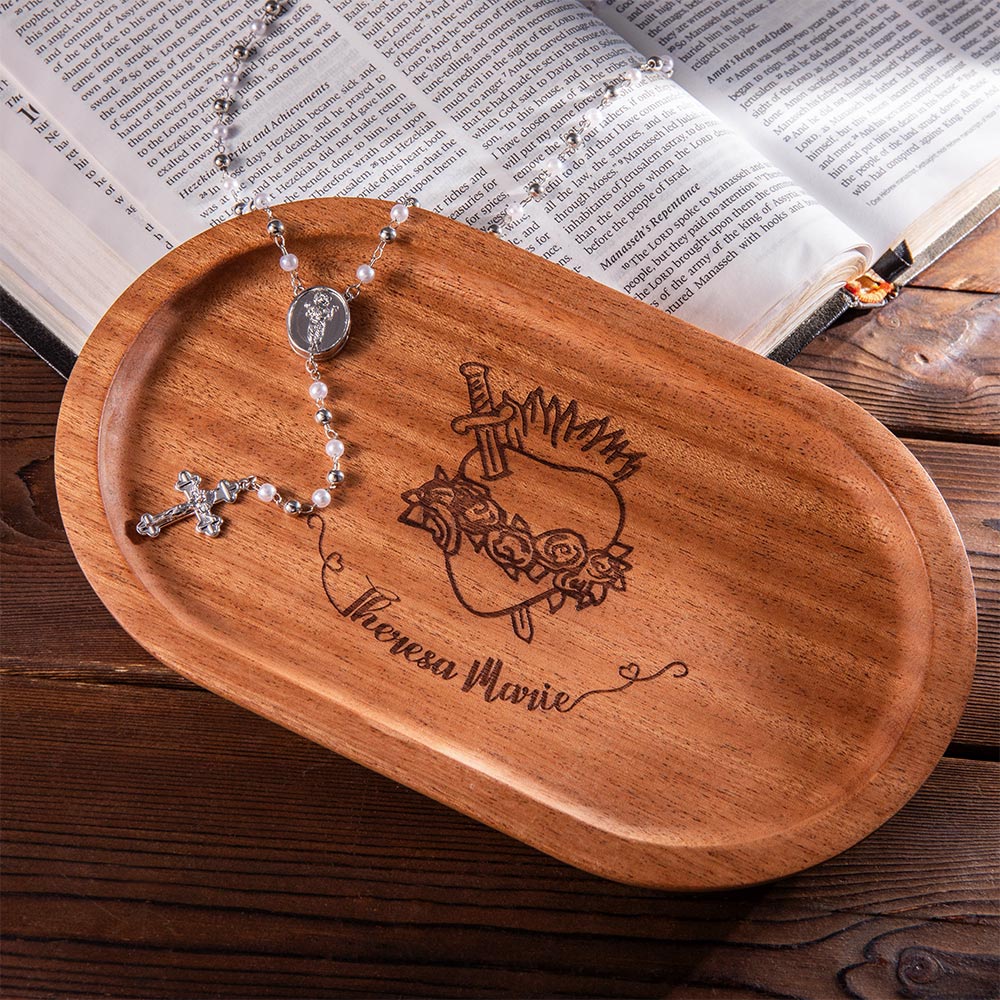Personalized Wooden Rosary Tray with Engraved Text Sacrament First ...