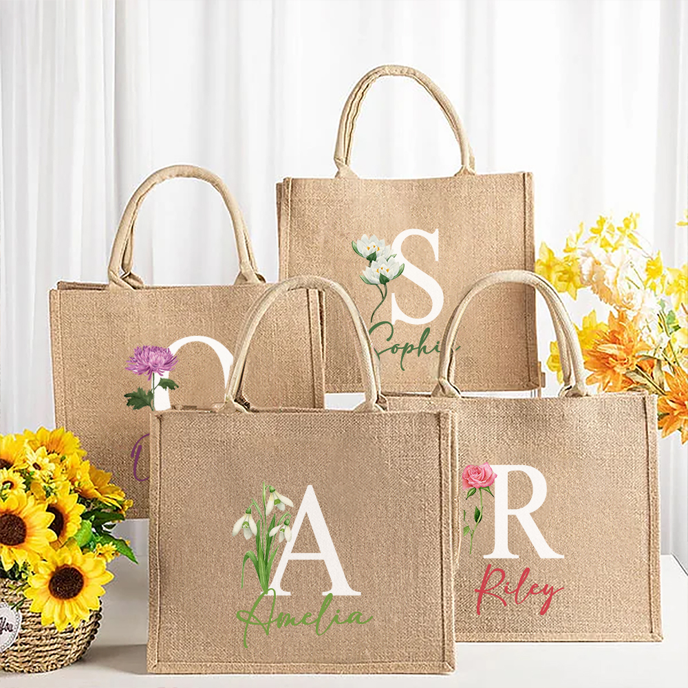 Personalized Reusable Birth Flower Large Jute Tote Bag with Initial and ...