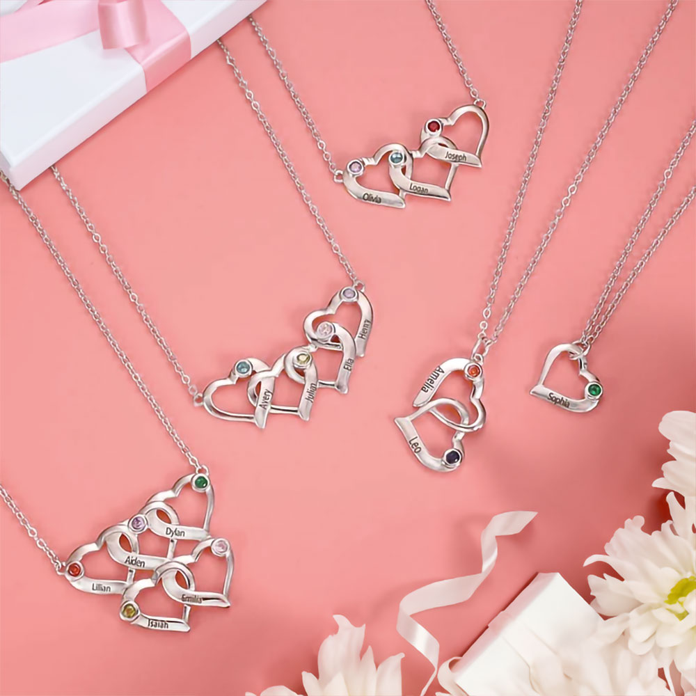 Personalized Engraved Heart Necklace with 1-5 Names and Birthstones ...