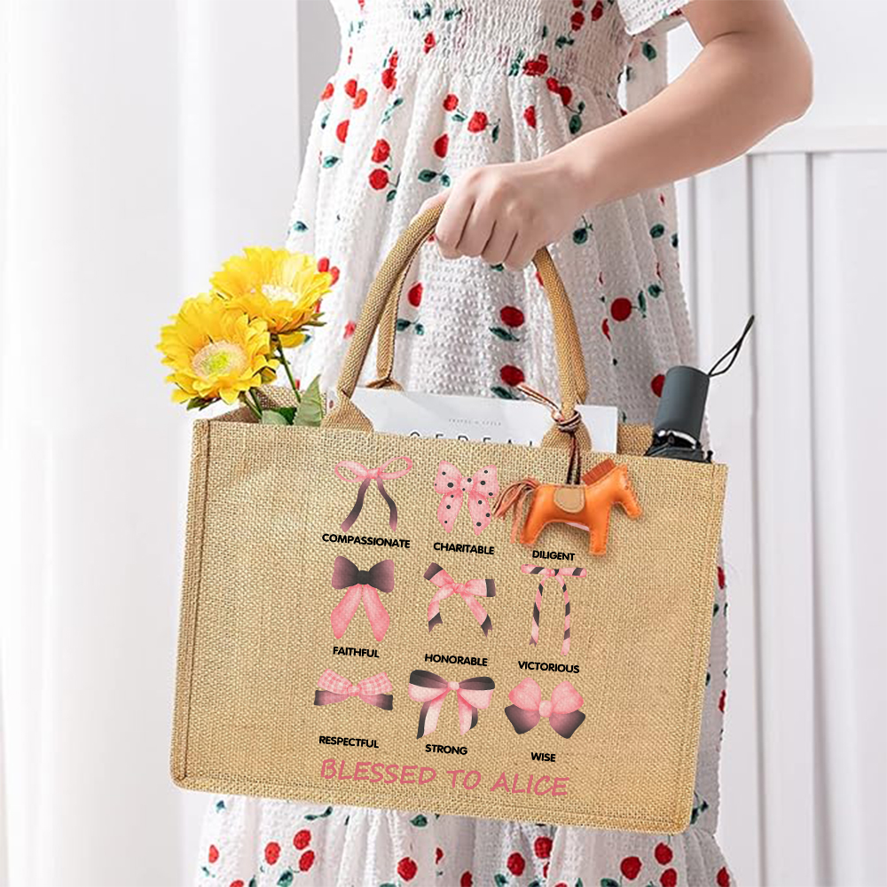 Personalized Jute Tote Bag with Coquette Bow Compassionate Blessed ...