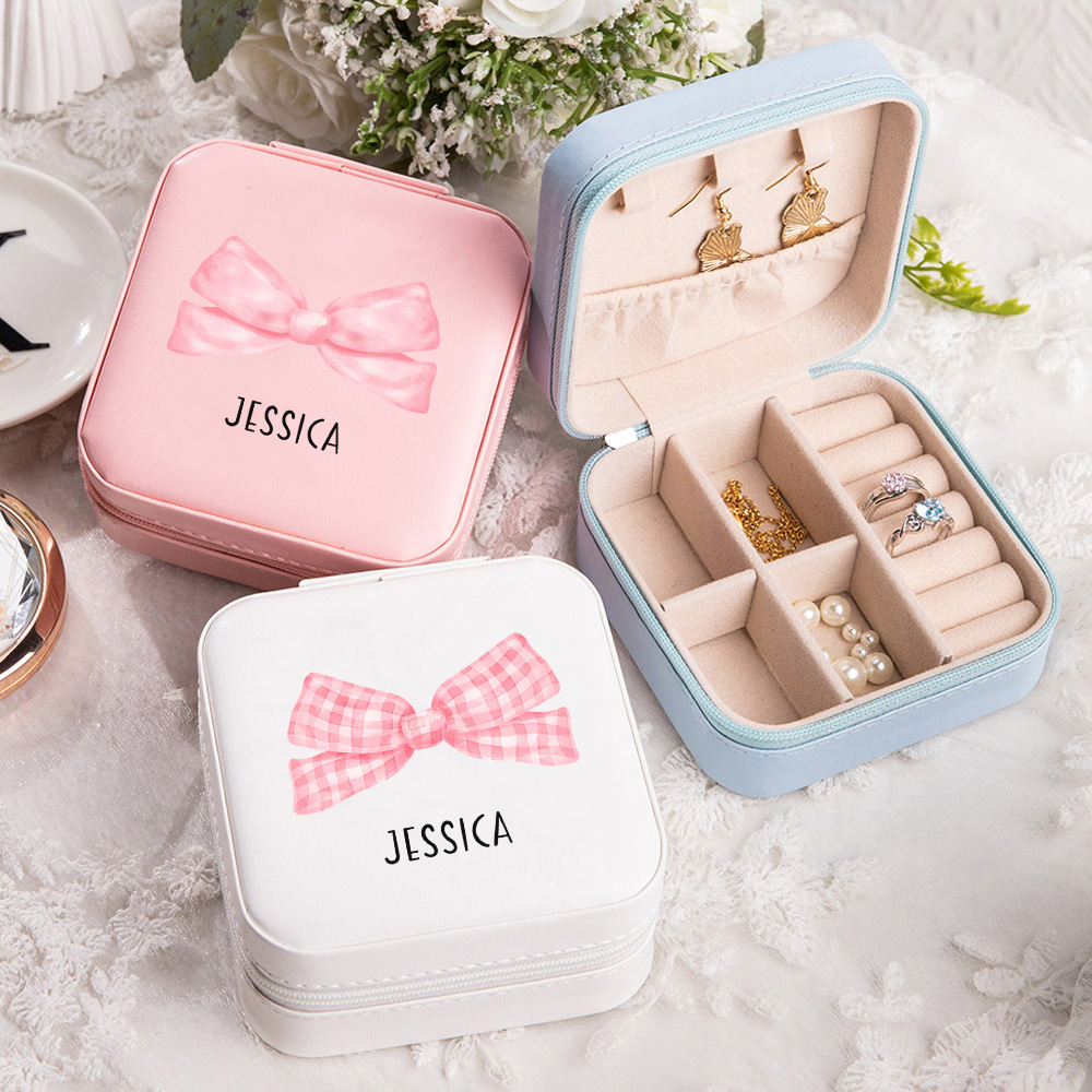 Personalized Cute Pink Coquette Bow PU Leather Jewelry Box with Name ...