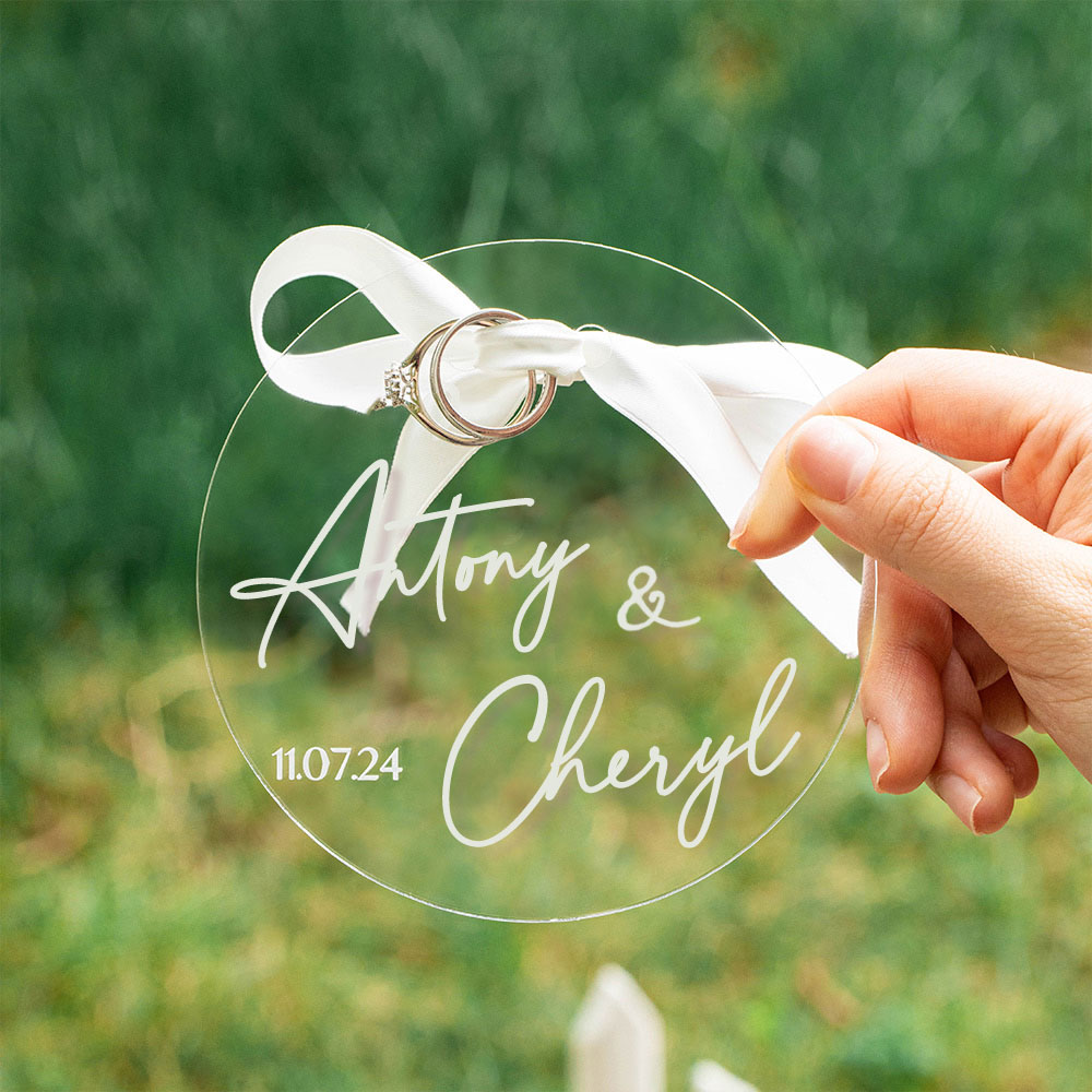 Personalized Clear Acrylic Wedding Ring Holder Plate with Ribbon and ...