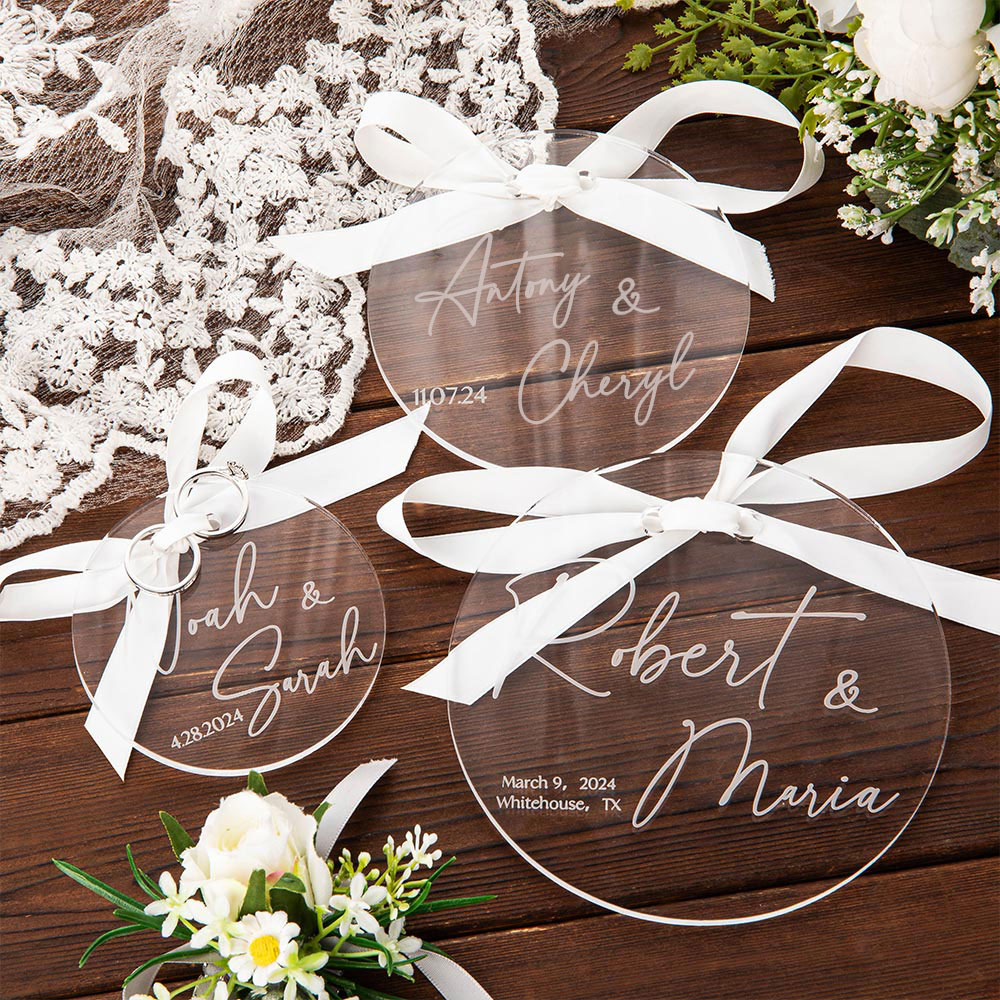 Personalized Clear Acrylic Wedding Ring Holder Plate with Ribbon and ...