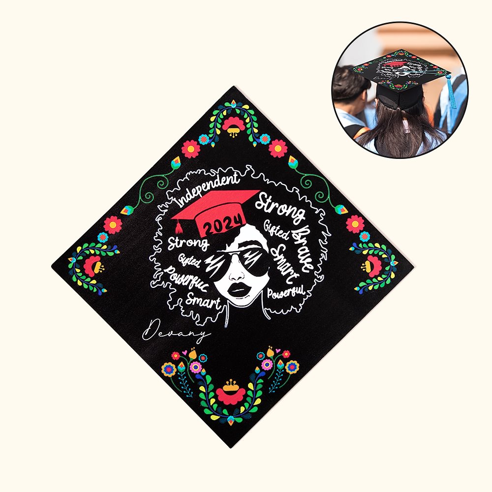 Personalised Floral Strong Girl Grad Cap Topper with Name Class of 2024 ...