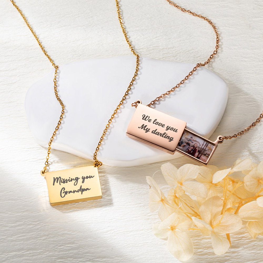 Personalized Pull-out Square Photo Locket Necklace with Engraved Text ...