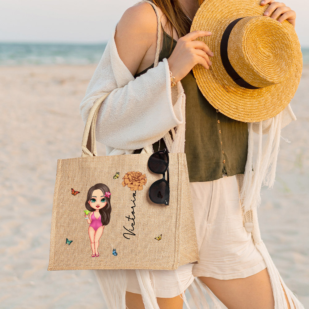 Personalized Cartoon Girl Women Birth Flower Jute Tote Bag with Name ...