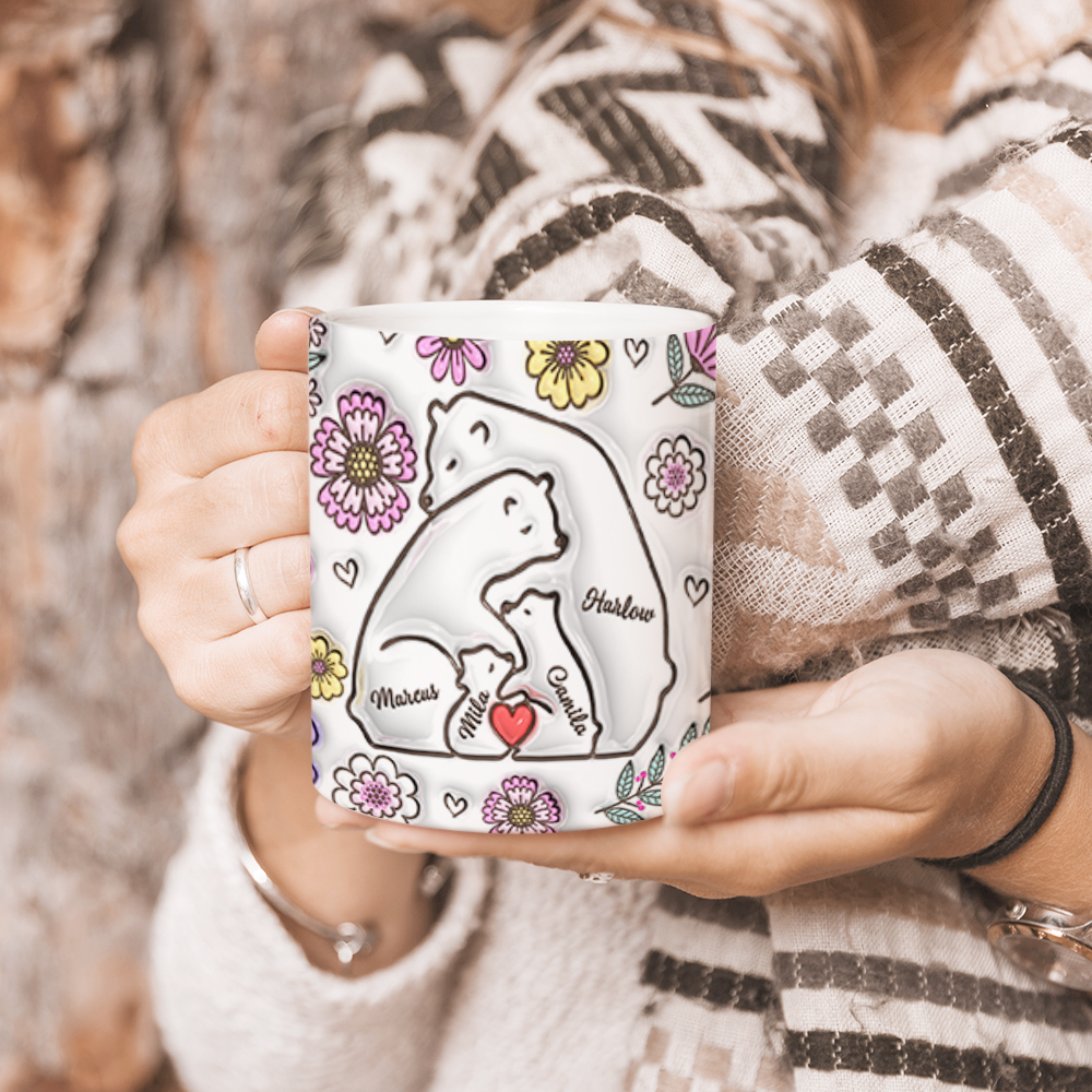 Personalized 3D-effect Floral Hugging Bears Mug with 2-9 Names Father's ...