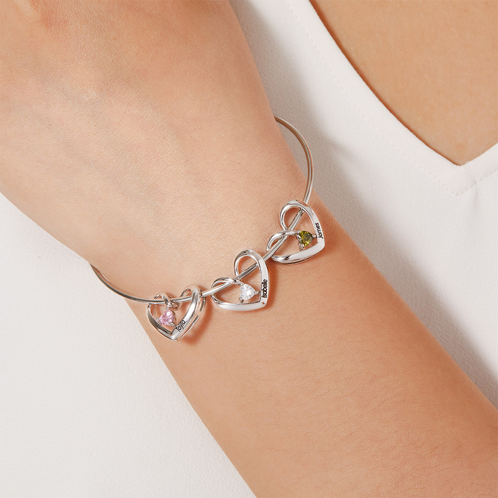 Personalized 1-12 Heart Shape Charms Family Bangle with Engraved Names ...