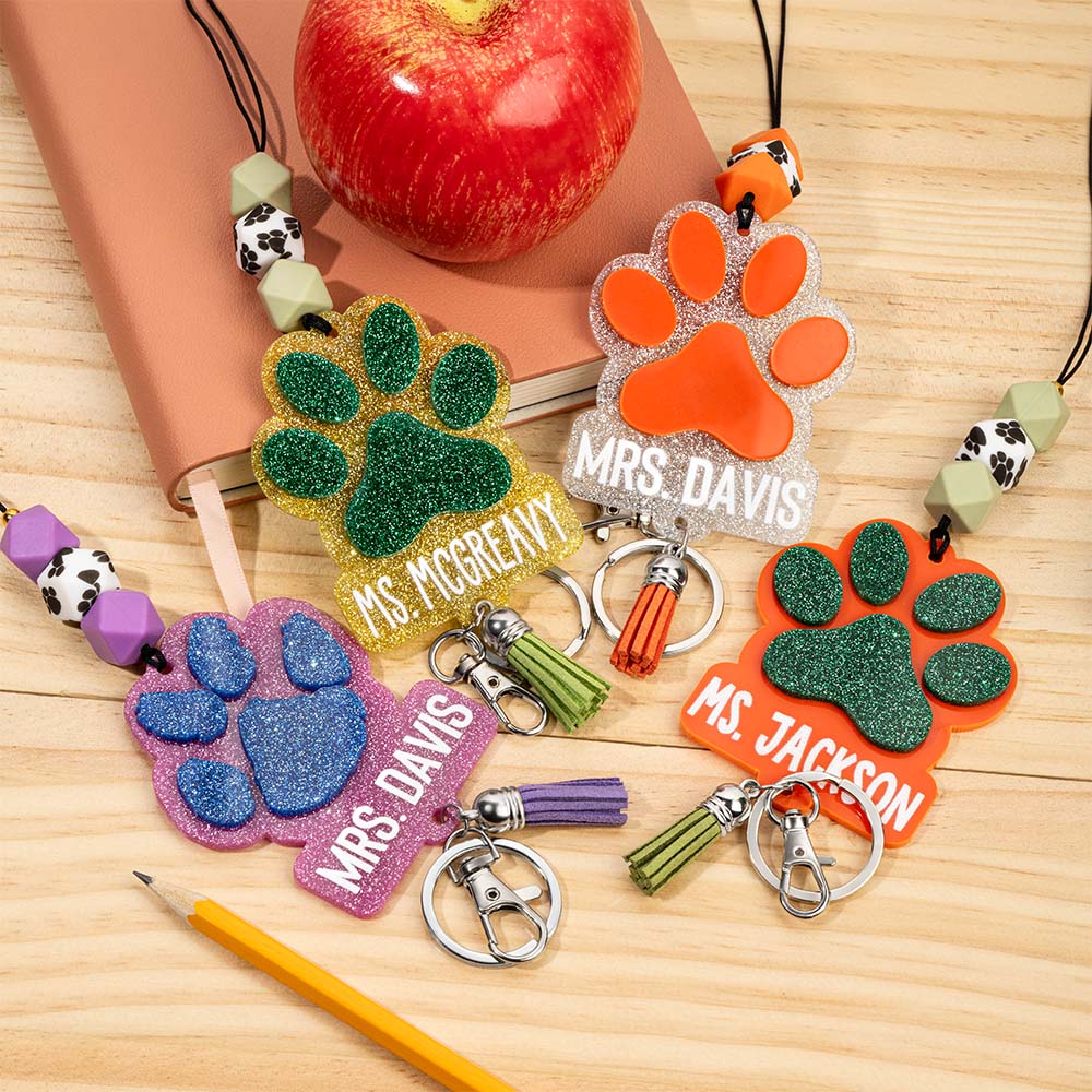 Personalized Glitter Paw Print ID Badge Lanyard with Beads Tassels ...