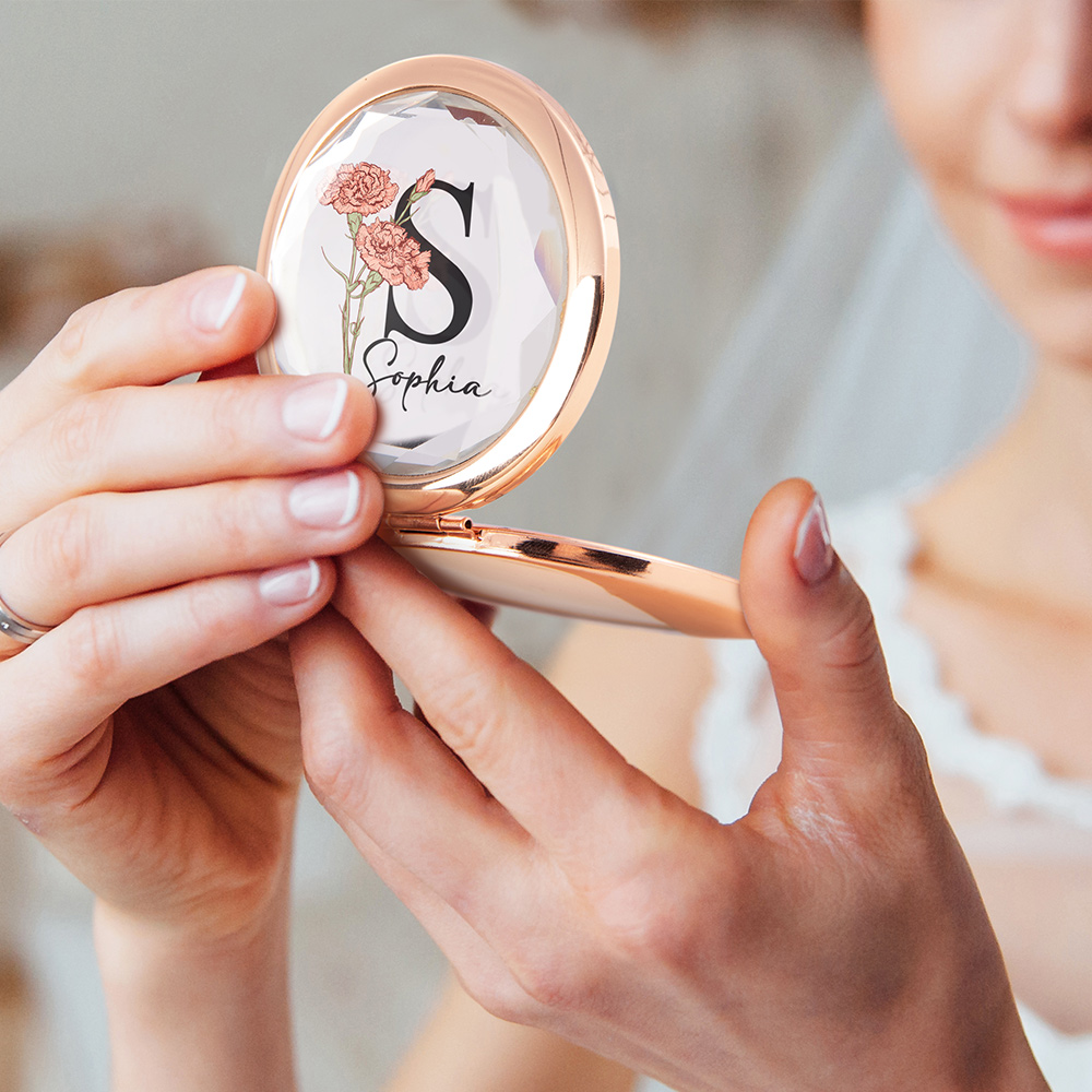 Personalized Watercolor Birth Flower Compact Mirror with Name & Initial ...
