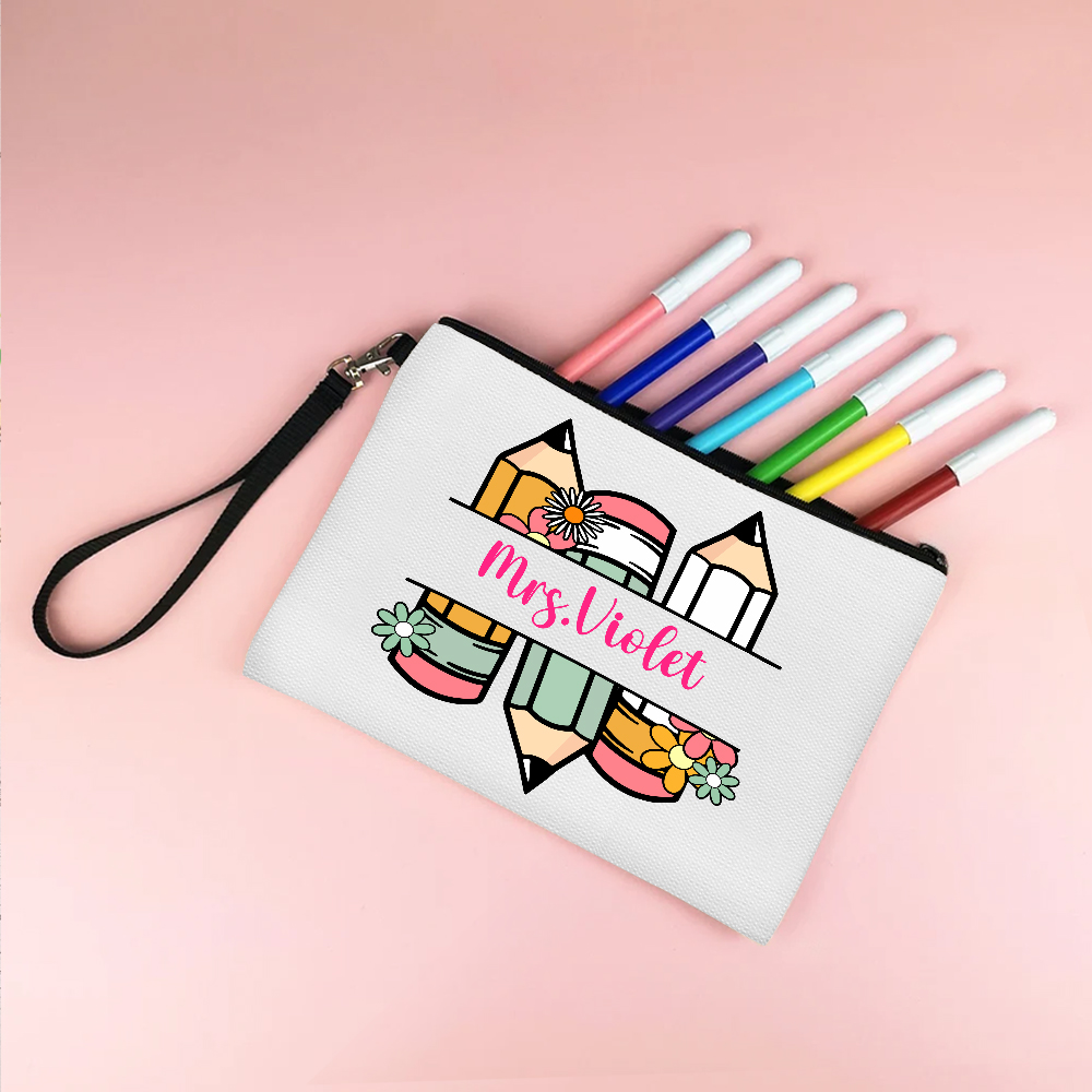 Personalized Retro Floral Pencils Portable Zipper Storage Bag with Name ...