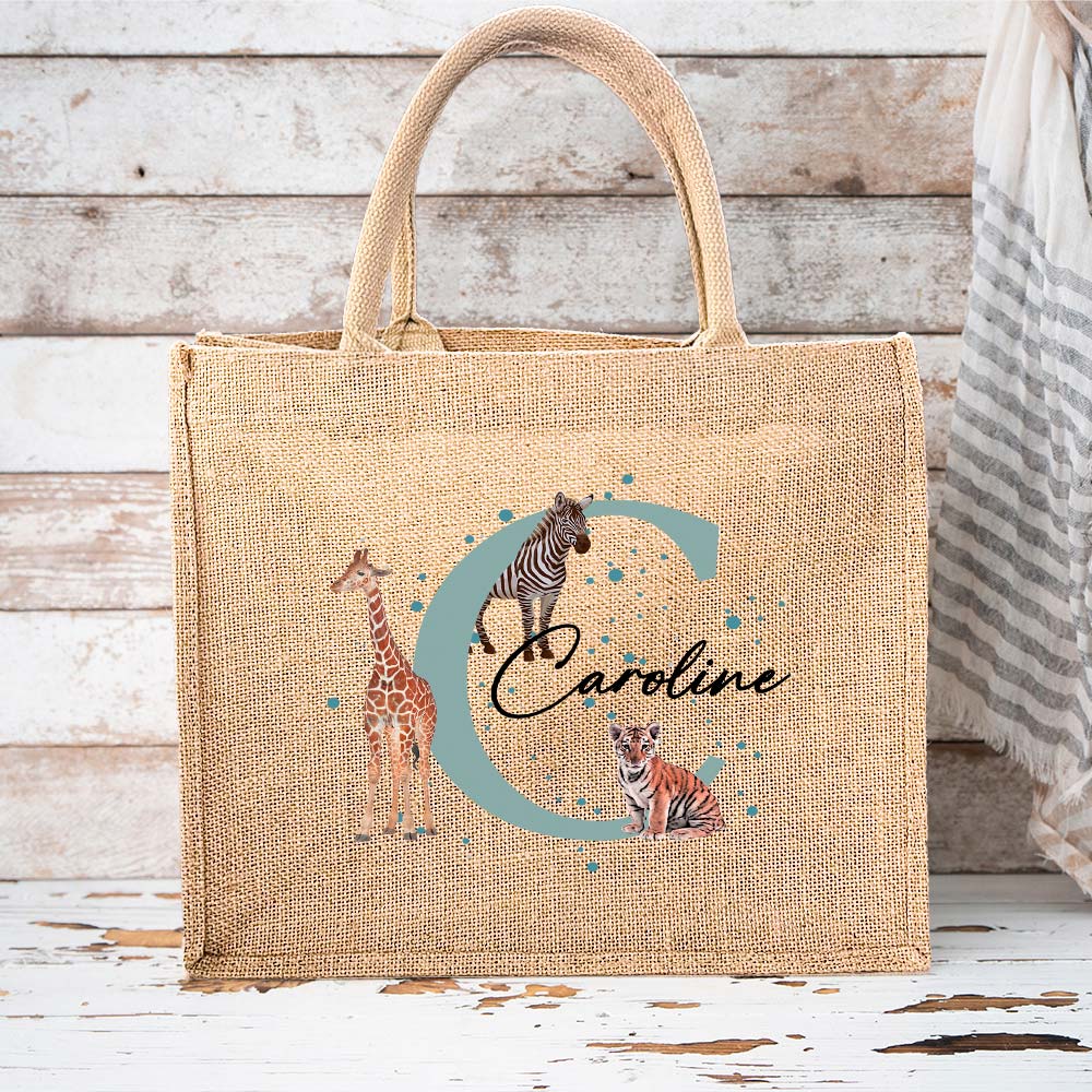 Personalized Jungle Animal Jute Tote Bag with Name and Initial Large ...