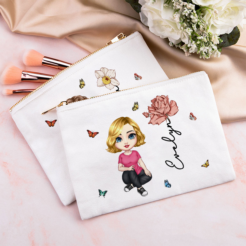 Personalized Canvas Makeup Bag with Cute Cartoon Birth Flower |Callie ...