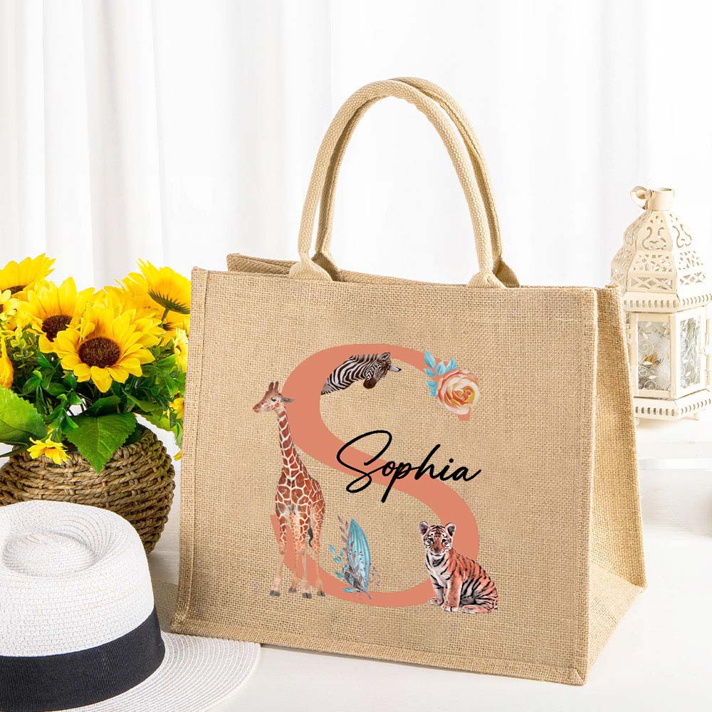 Personalized Jungle Animal Jute Tote Bag with Name and Initial Large ...