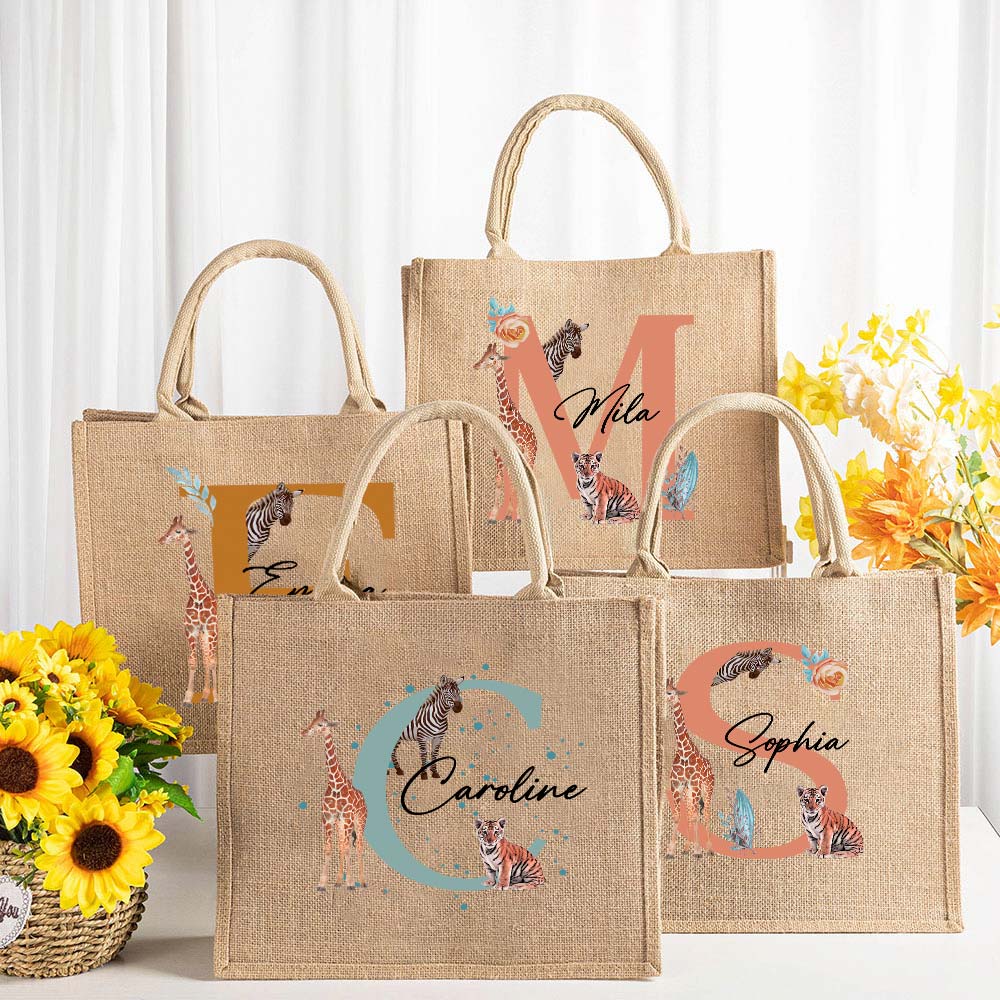 Personalized Jungle Animal Jute Tote Bag with Name and Initial Large ...