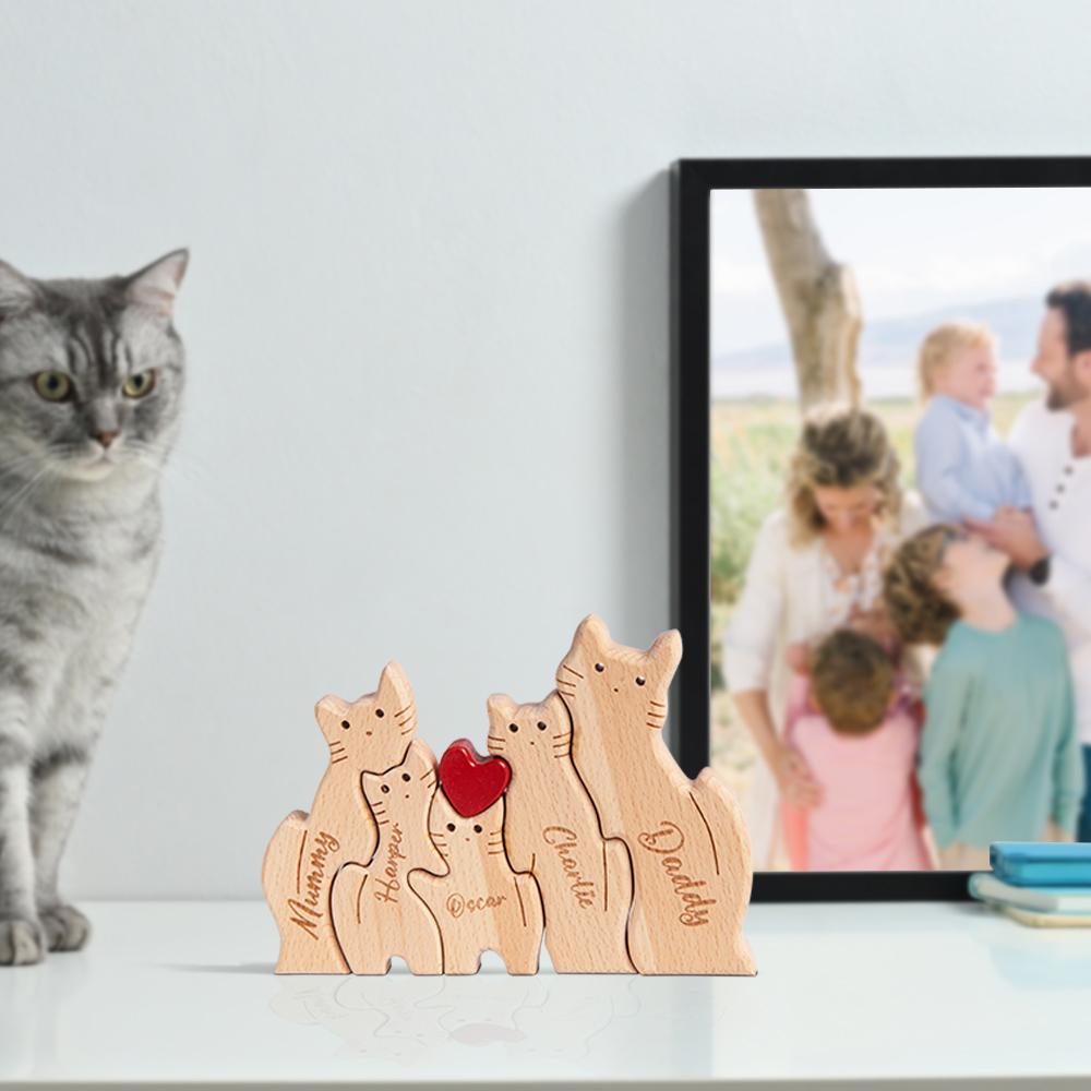 Personalized Wooden Cute Love Hug Cat Family Puzzle with 2-7 Engraved ...