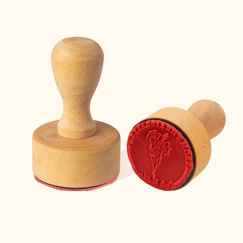 Personalised Wooden Handle Rubber Stamp with Engraved Birth Flower and ...