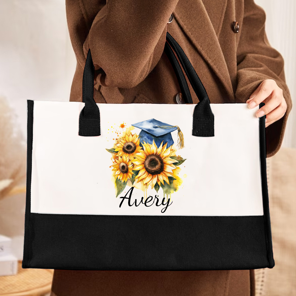 Personalized Flower Bouquet Graduation Cap Canvas Tote Bag with Name ...