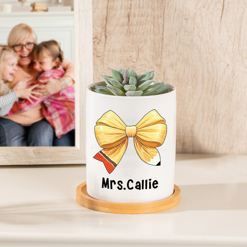 Personalized Coquette Bow Pencil Ceramic Plant Pot and Bamboo Base with ...