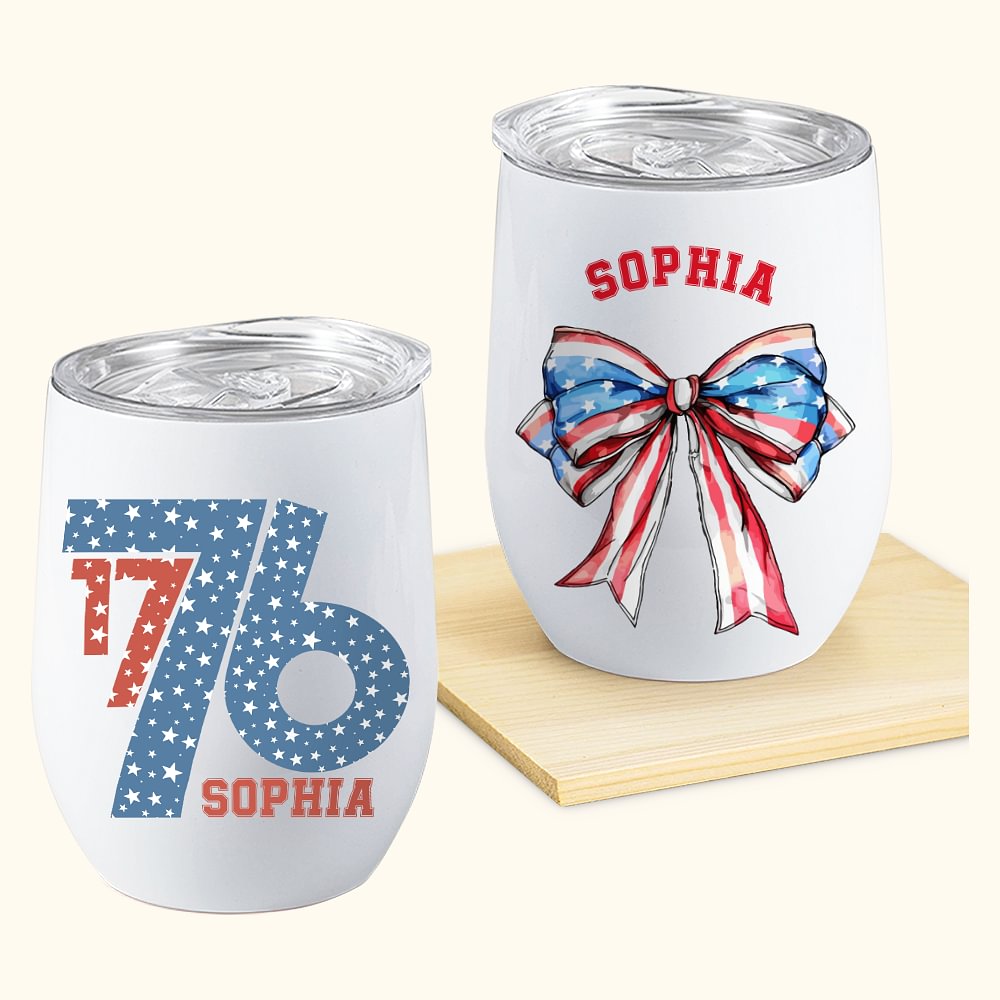 Personalized American Flag 1776 Bow Tie 12oz Name Wine Tumbler Cup with ...