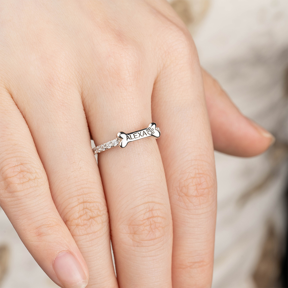 Personalized Dog Bone Paw Print Name Ring Cat Ear Ring - CALLIE