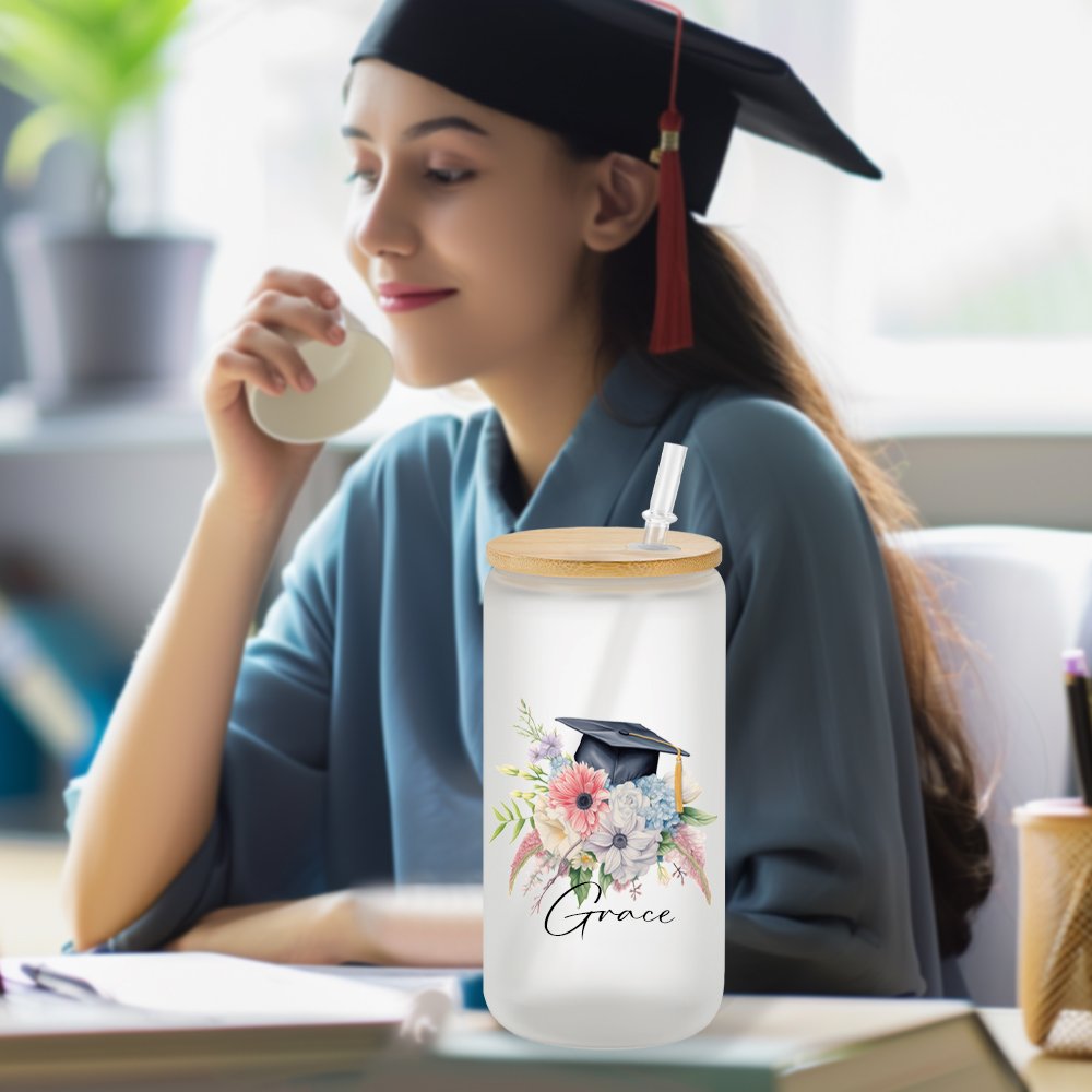 Personalized Floral Graduation Cap 20oz Name Drinking Glasses with ...