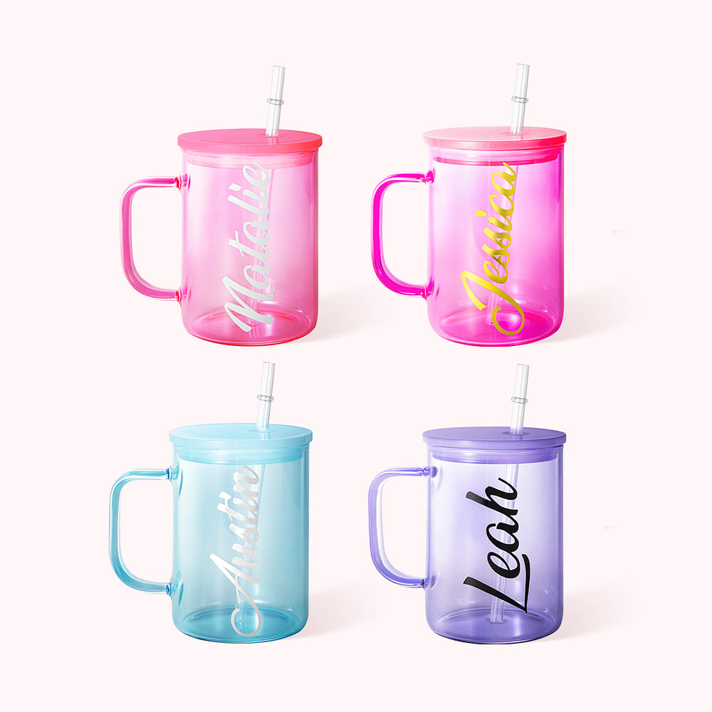 Personalized Multicolor Jelly 15oz Glass Cup with Name Straw and Lid ...
