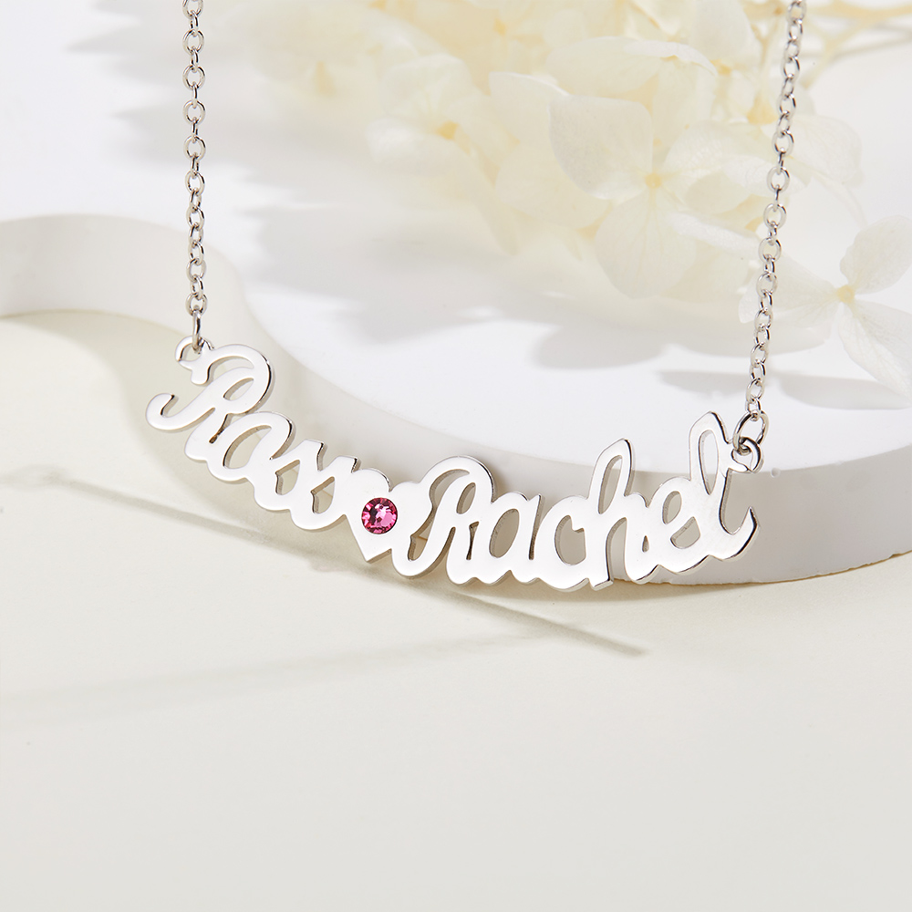 Personalized Curved Two Script Names Necklace with Heart and Birthstone ...