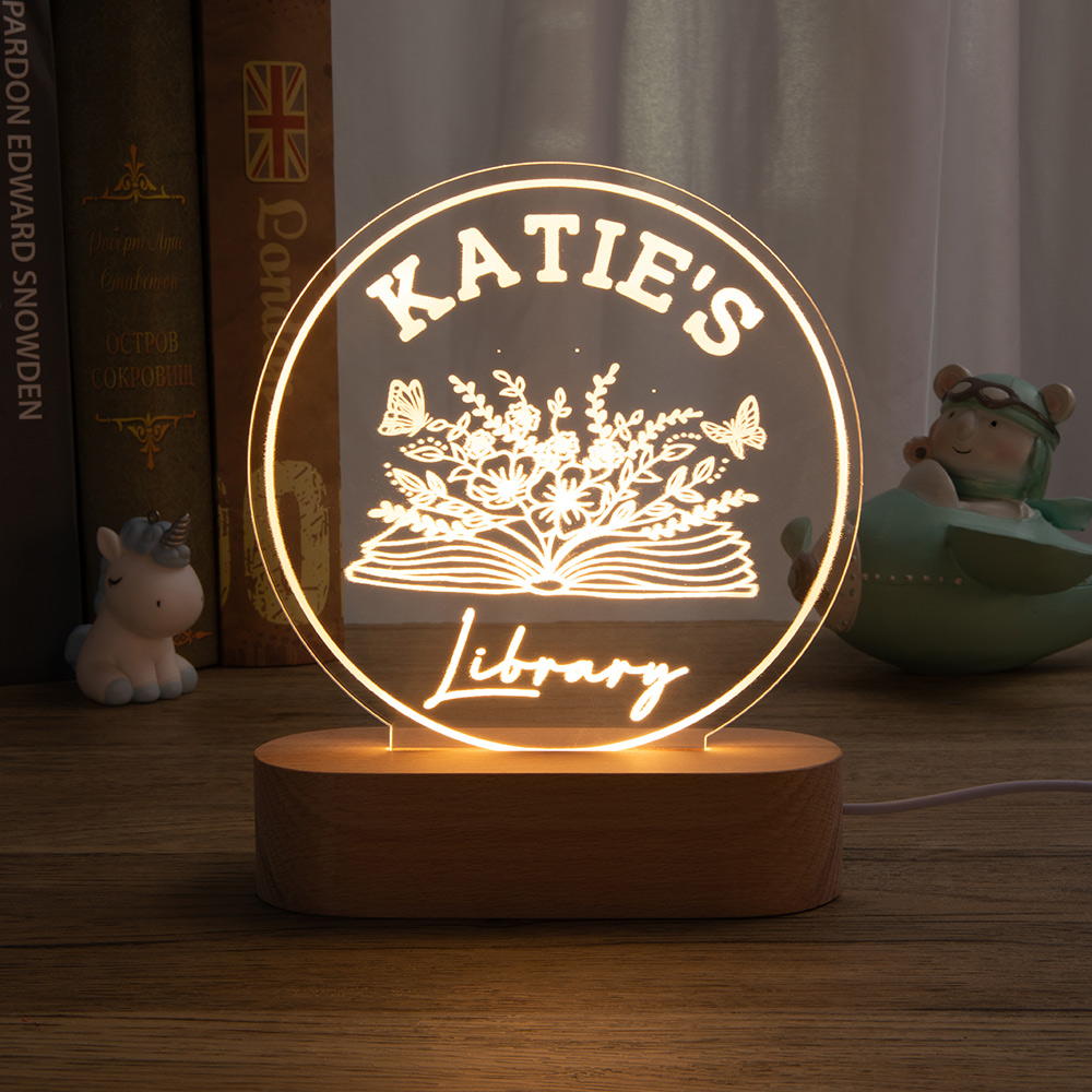 Personalized Name Library LED Night Light with Wood Base Book Club ...