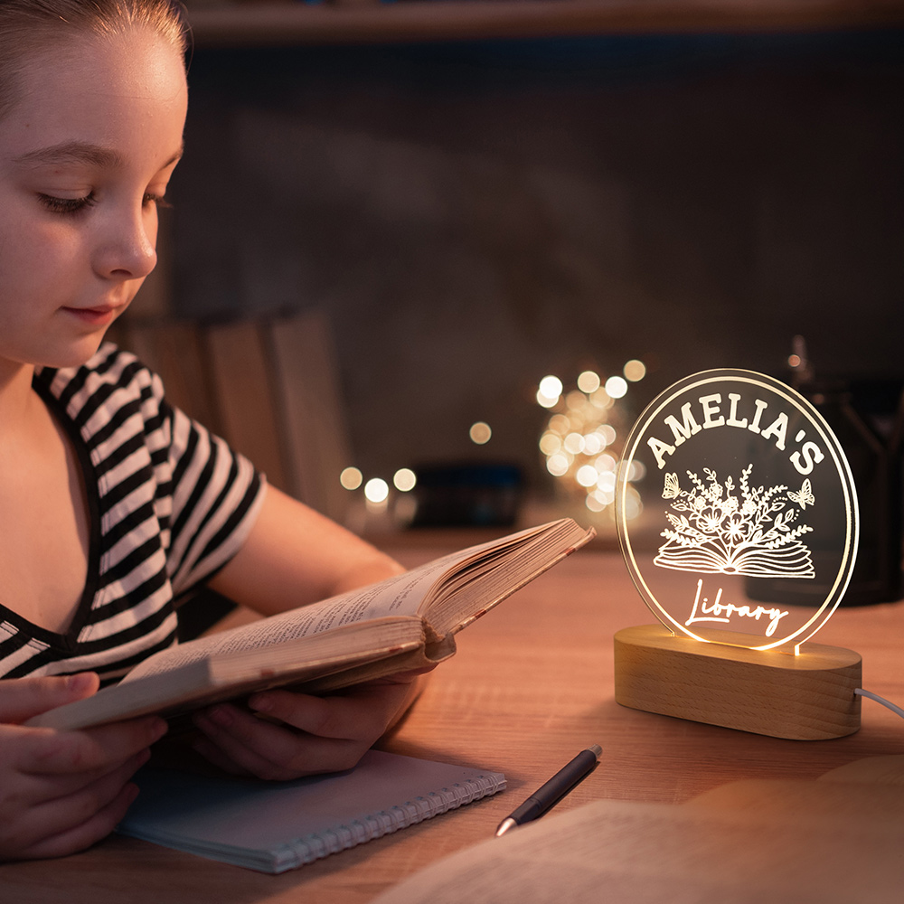 Personalized Name Library LED Night Light with Wood Base Book Club ...