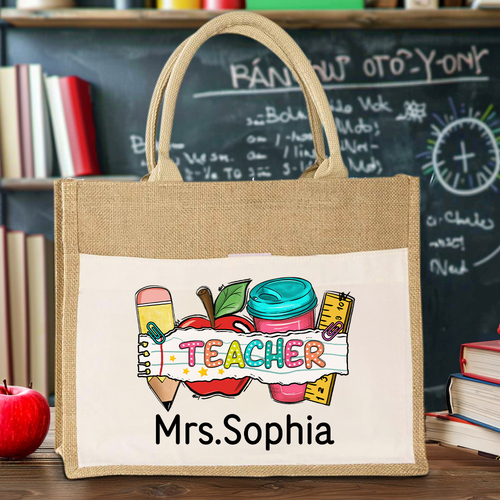 Personalized Cute Pencil Apple Ruler Tumbler Jute Tote Bag with Name ...