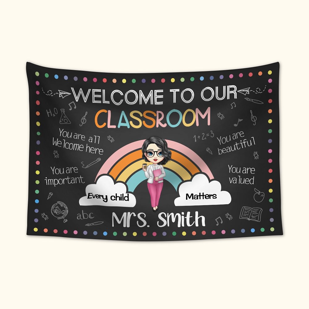 Personalized Celebration Tapestry (horizontal) with Cartoon Rainbow Welcome To Our Classroom ...