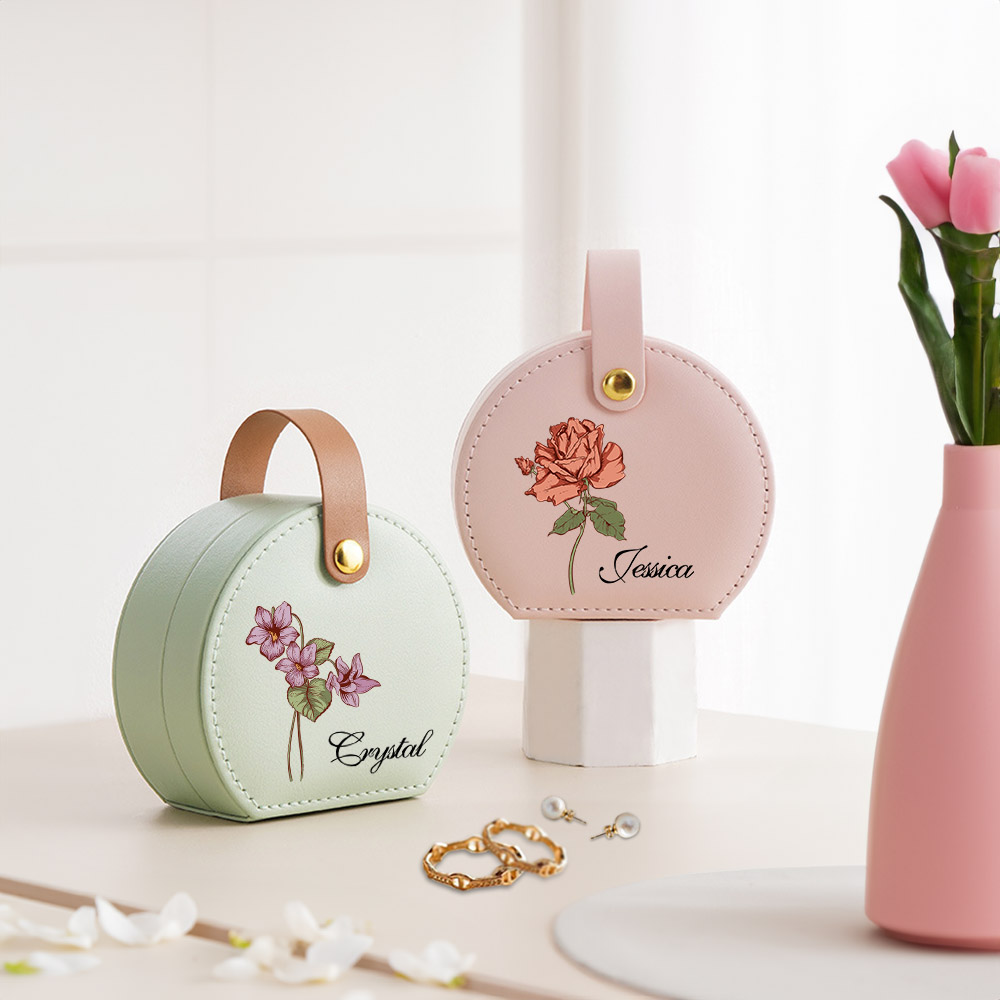 Personalized Birth Flower Hand-Held Leather Jewelry Box with Name ...