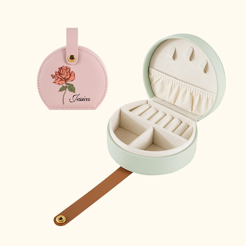 Personalized Birth Flower Hand-Held Leather Jewelry Box with Name ...