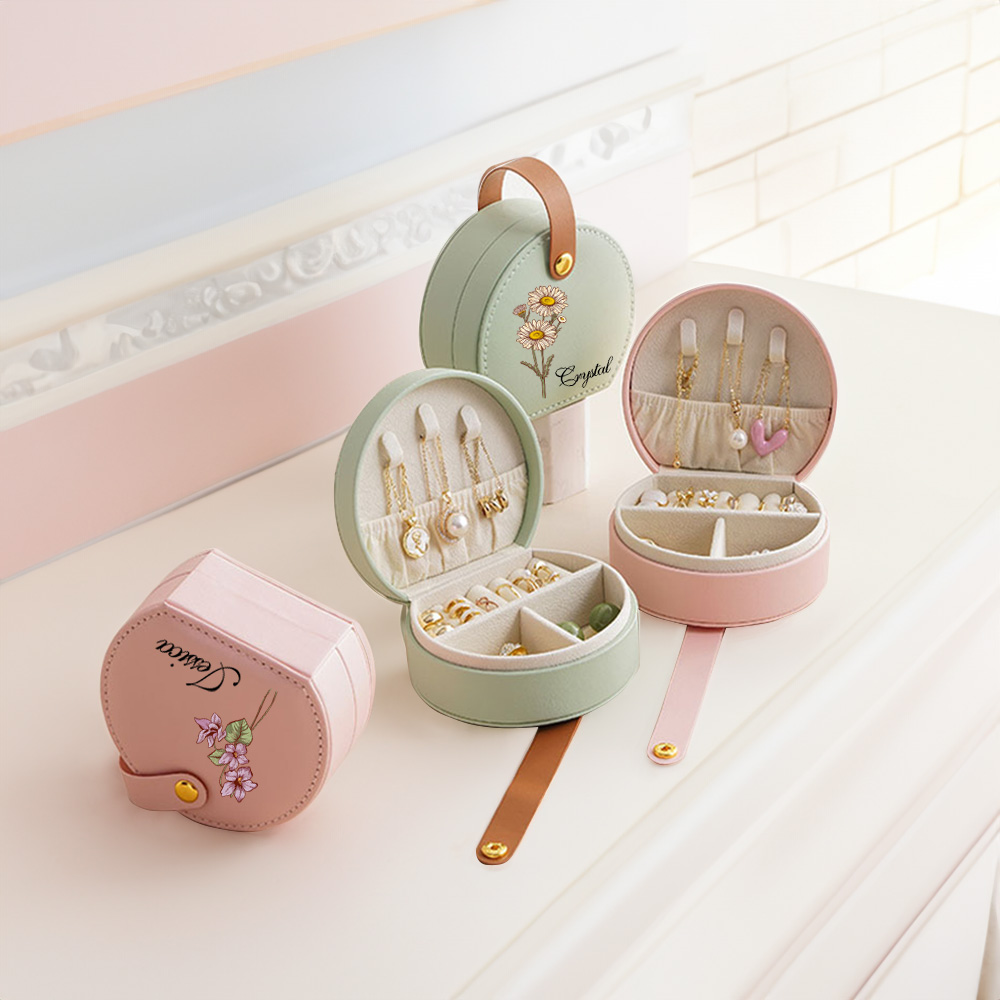 Personalized Birth Flower Hand-Held Leather Jewelry Box with Name ...