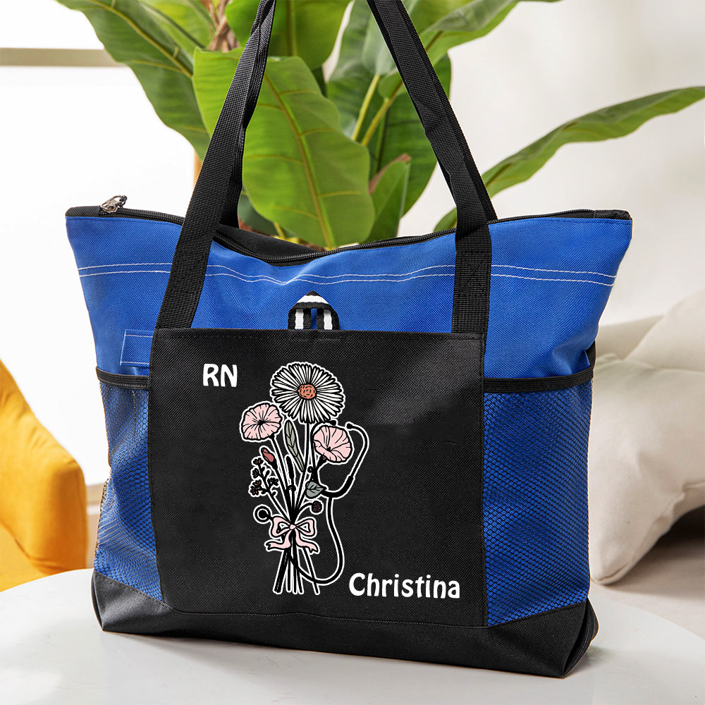 Personalized Stethescope Bow Birth Flower Bouquet Tote Bag with Title ...