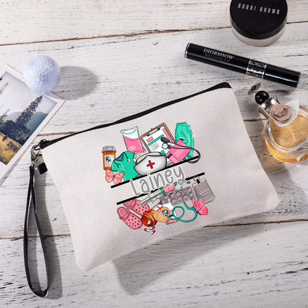 Personalized Medical Elements Linen Makeup Bag with Name and Wristlet ...