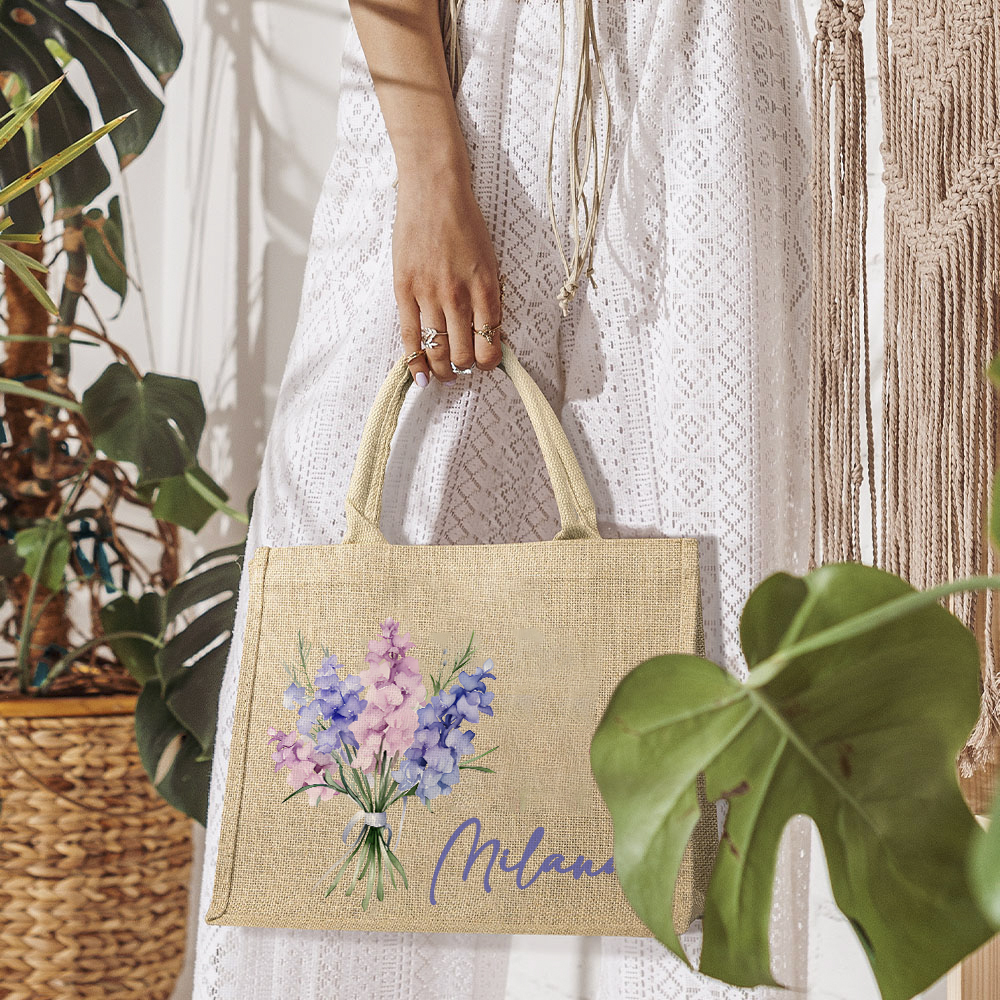 Personalised Charmful Birth Flower Bouquet Jute Tote Bag with Name ...