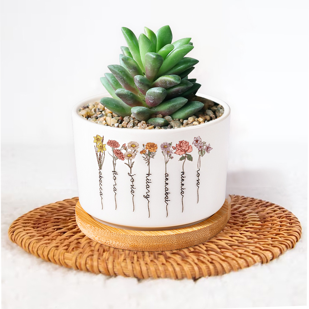 Personalized Birth Flower Ceramic Plant Pot with 1-16 Names and Bamboo ...