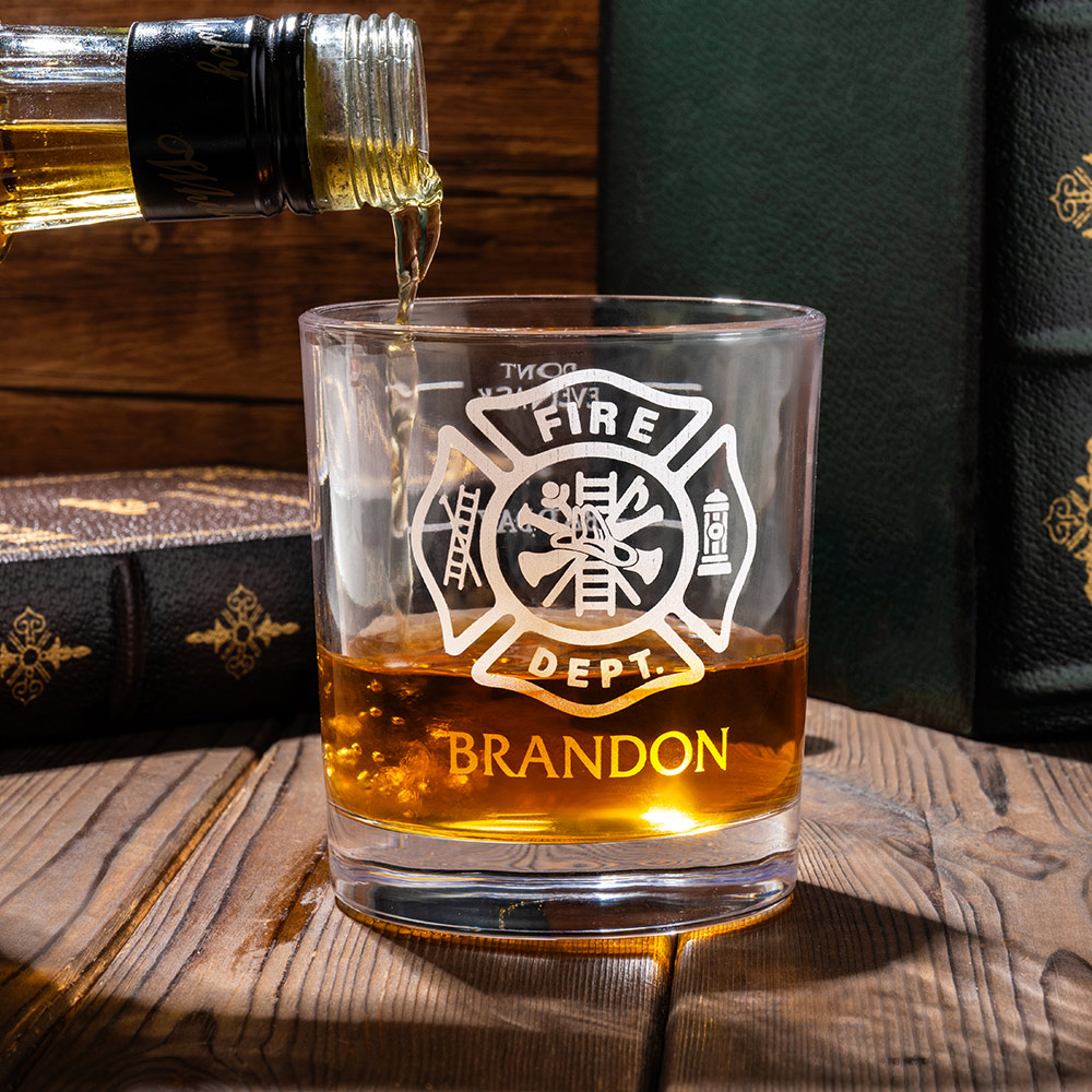 Personalized Firefighter Badge 10oz Etched Whiskey Glass with Text ...